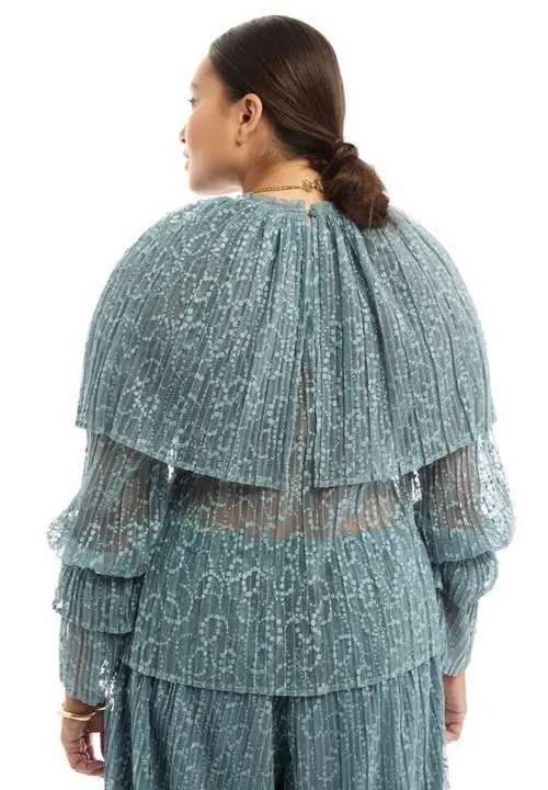 JUNE + VIE Ruffled Lace Cape Blouse - Mountain Spring