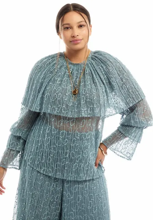 JUNE + VIE Ruffled Lace Cape Blouse - Mountain Spring