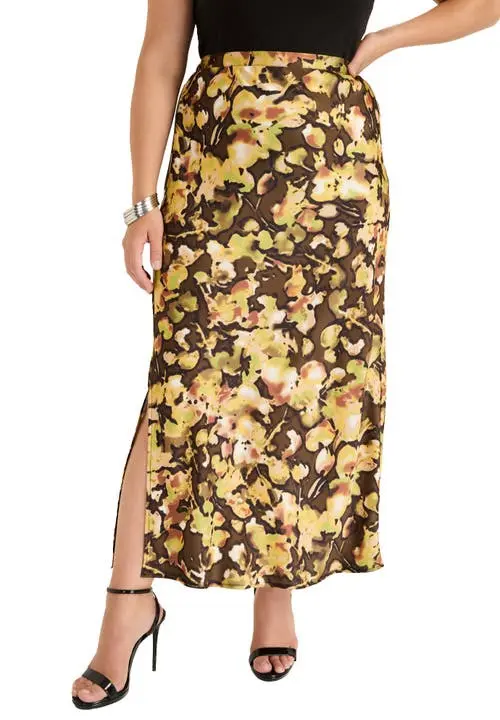 JUNE + VIE Printed Satin Midi Skirt