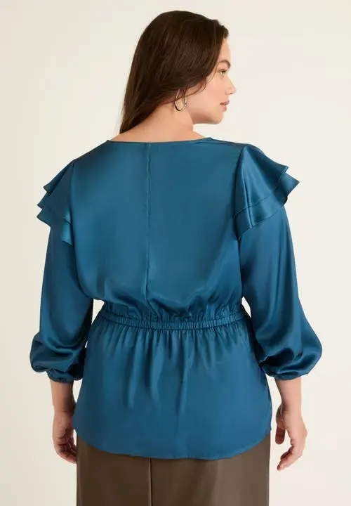JUNE + VIE Satin Peplum Top With V-neckline And Ruffle Detail