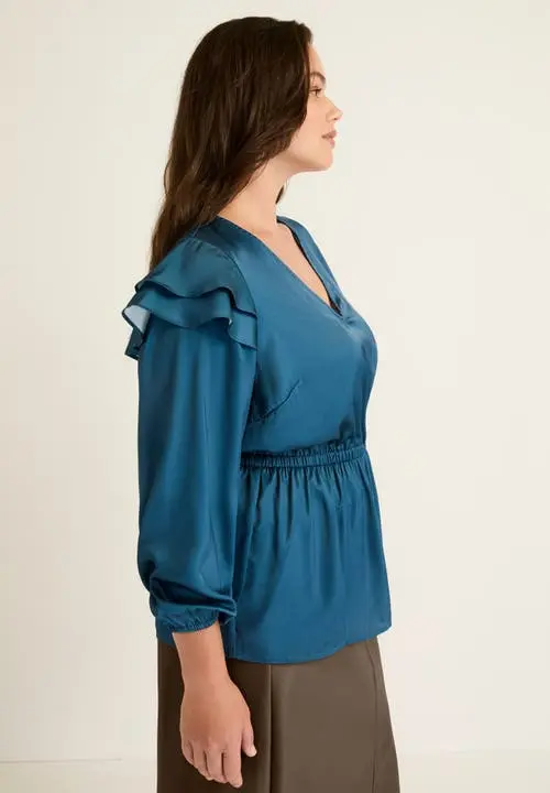JUNE + VIE Satin Peplum Top With V-neckline And Ruffle Detail