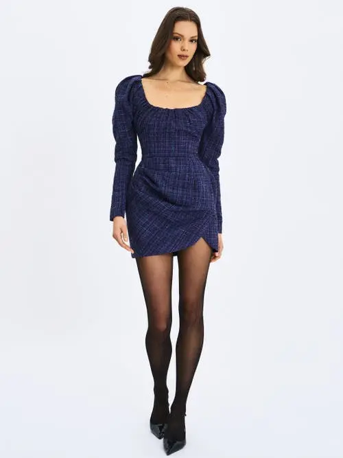 MISS CIRCLE NEW YORK Tweed Ruched Puff Sleeve Mini Dress