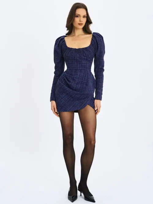 MISS CIRCLE NEW YORK Tweed Ruched Puff Sleeve Mini Dress