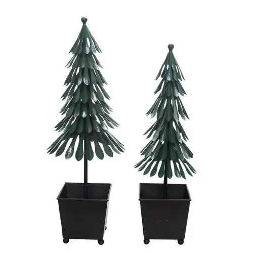 TRANSPAC Multicolor Metal Christmas Tree In Pot Set Of 2 Decorative Accent