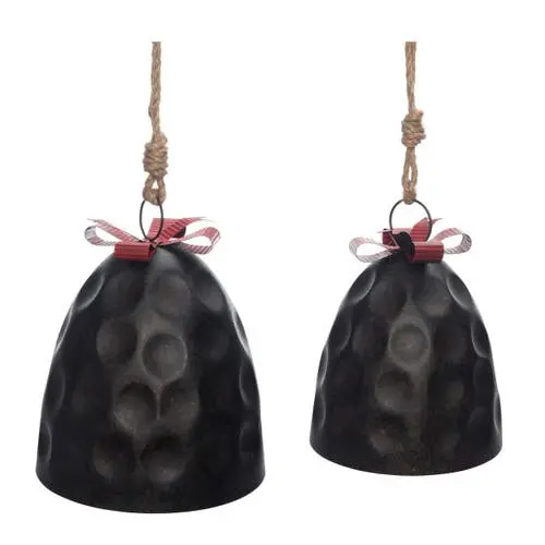 TRANSPAC Metal Christmas Bells With Bow Set Of 2 For Holiday Decor - Brown