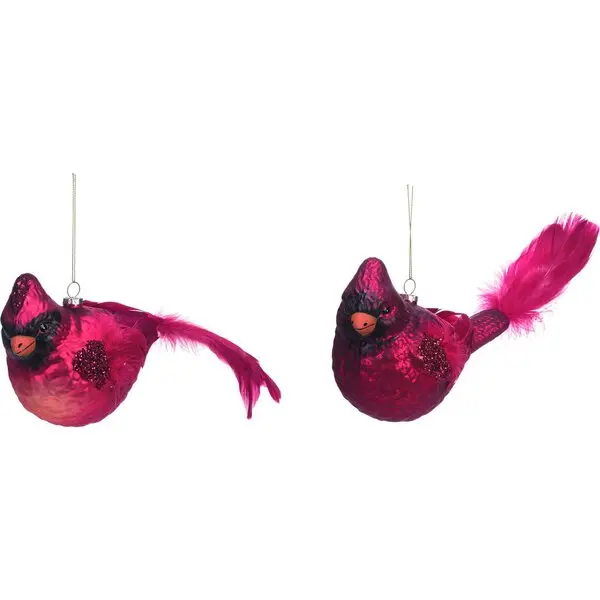 TRANSPAC Glass Feather Cardinal Ornament Set Of Two Christmas Decor - Red
