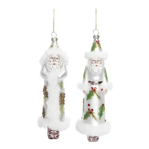 TRANSPAC Glass Holly Pinecone Santa Set Of Two Christmas Decor - Silver