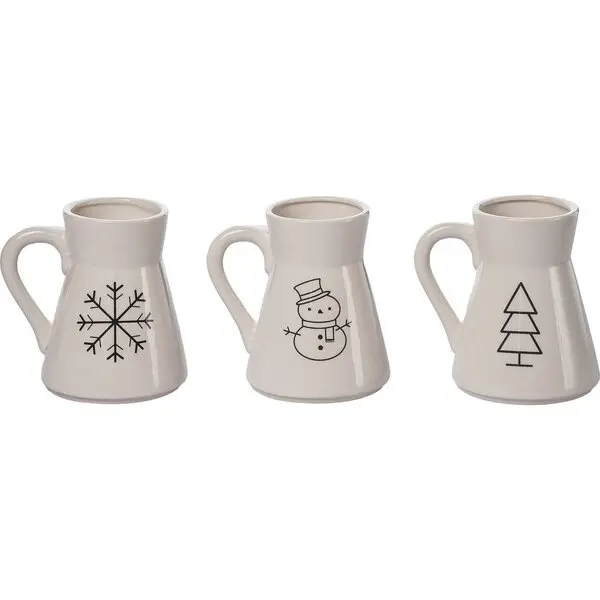 TRANSPAC Dolomite Holiday Icon Mugs Set Of 3 Ceramic Drinkware For Christmas - Black