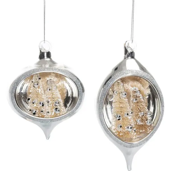 TRANSPAC Glass Sisal Tree Silver Ornament Set Of 2 Christmas Decor - Multicolored