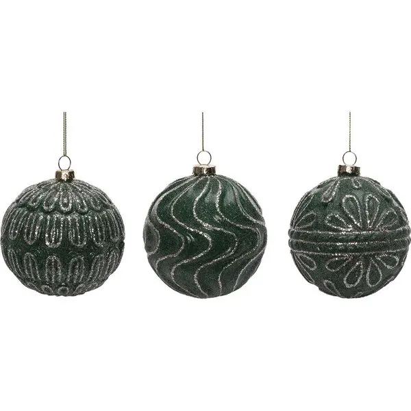 TRANSPAC Glass Rustic Matte Ornament Set Of Three Christmas Decor - Green