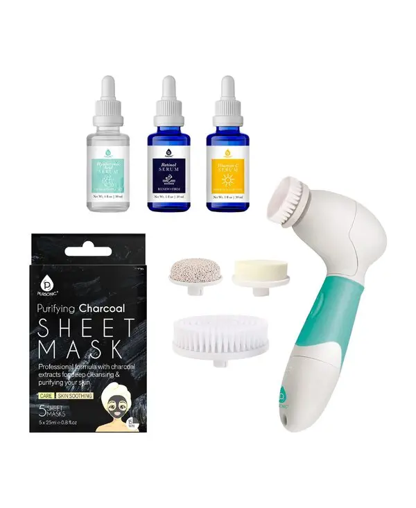 PURSONIC Complete Skincare Bundle – Advanced Facial & Body Cleansing Brush + Anti-aging Serum Set + 5-pack Charcoal Sheet Masks - White