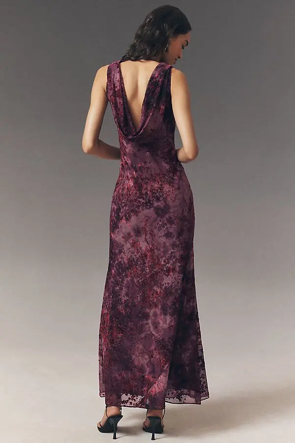 Hutch Khloe Cowl-Neck Burnout Velvet Maxi Dress - Berry | Editorialist