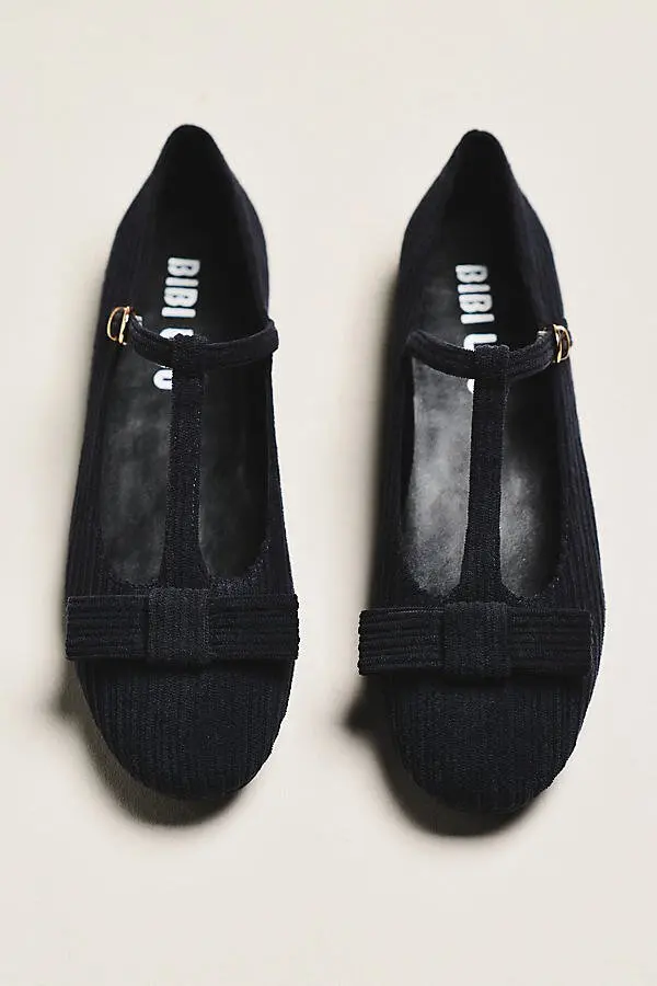 BIBI LOU Corduroy Bow T-strap Flats - Black