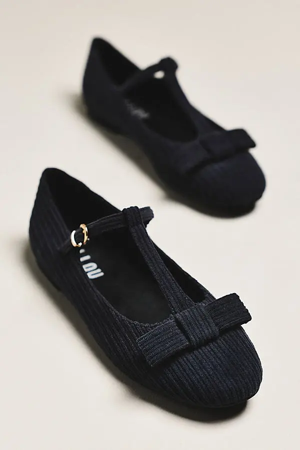 BIBI LOU Corduroy Bow T-strap Flats - Black