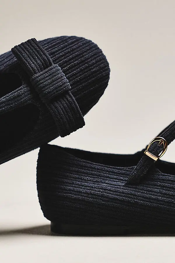 BIBI LOU Corduroy Bow T-strap Flats - Black