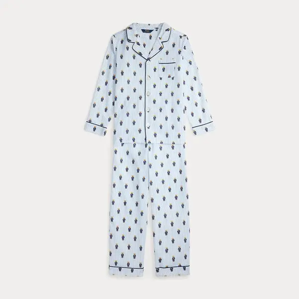 Ralph Lauren Polo Bear Striped Twill Sleep Set - White/blue