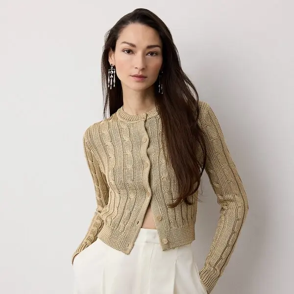Ralph Lauren Cable-knit Silk Cropped Cardigan - Light Tan