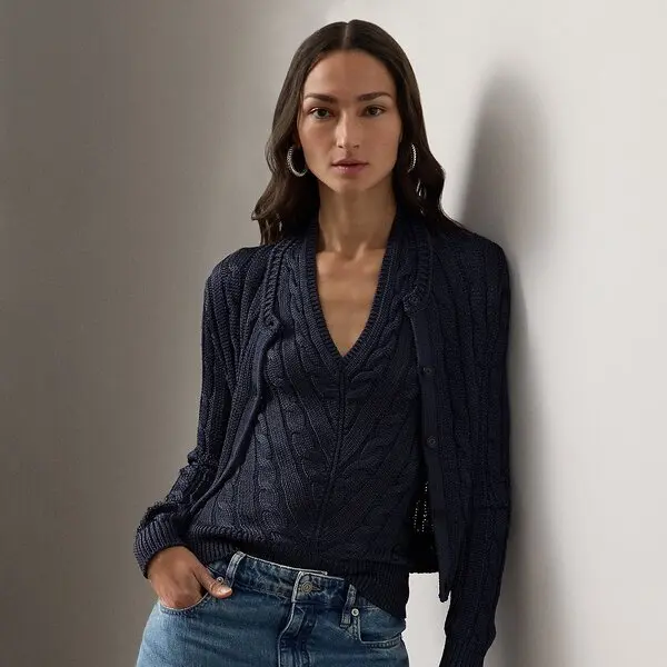 Ralph Lauren Cable-knit Silk Cropped Cardigan - Lux Navy