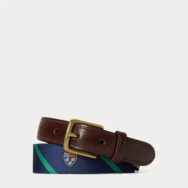 Ralph Lauren Leather-trim Silk Jacquard Belt - Navy/green/red