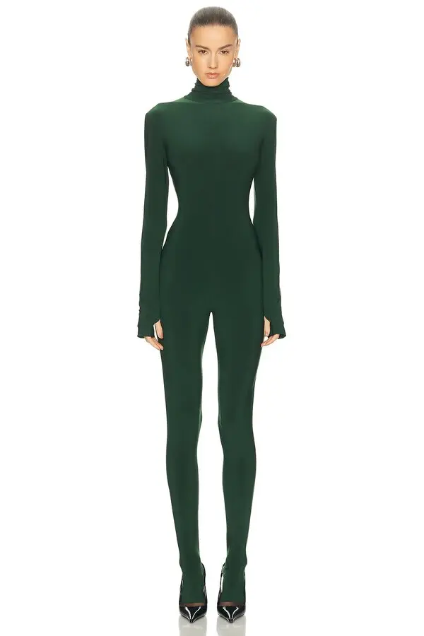 Norma Kamali Long Sleeve Slim Fit Turtleneck Catsuit - Dark Emerald