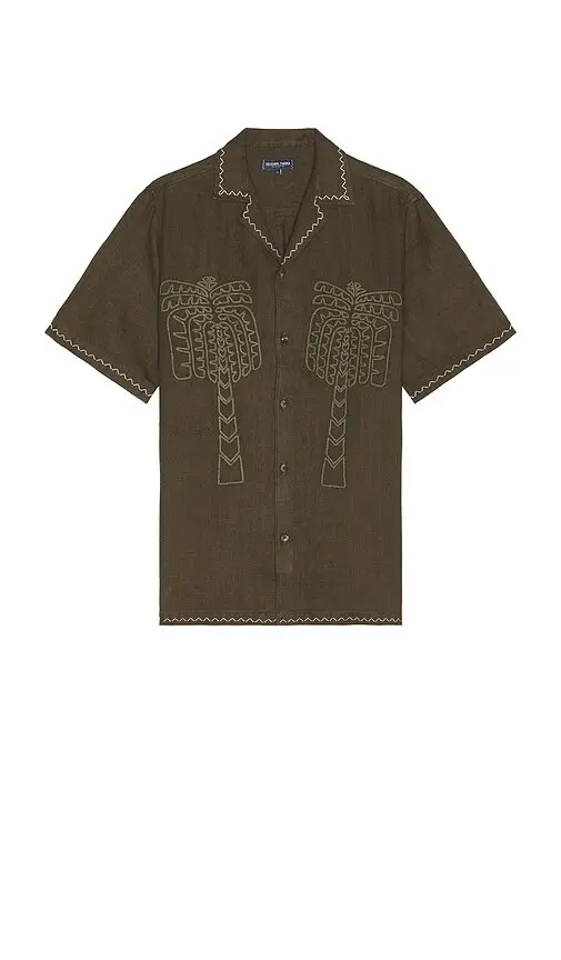 Frescobol Carioca Flavio Palmeira Embroidered Linen Shirt In Olive - Dark Olive
