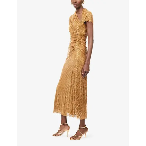 Self-Portrait Rhinestone-Embellished Draped Midi Dress - Light Topaz |  Editorialist