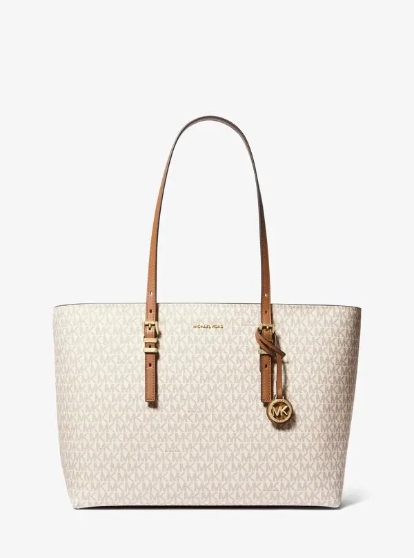 Michael Kors Quinn Large Signature Logo And Leather Tote Bag - Natural