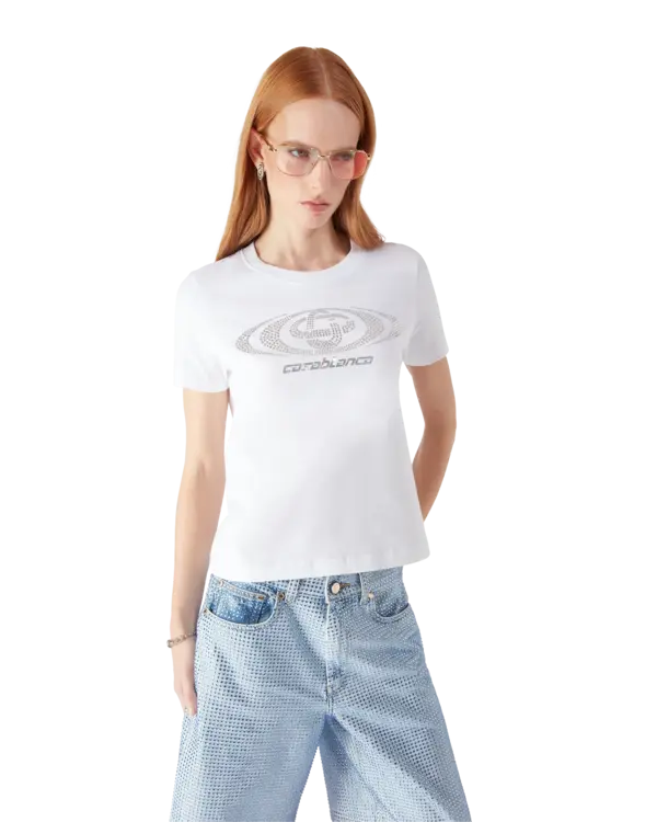 Casablanca Crystal Warped Logo Fitted Short Sleeve T-shirt