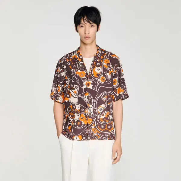 Sandro Loose-fit Print Shark Collar Shirt - Black Brown