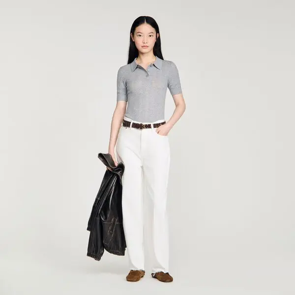 Sandro Pointelle Knit Polo-neck Wool Sweater - Grey