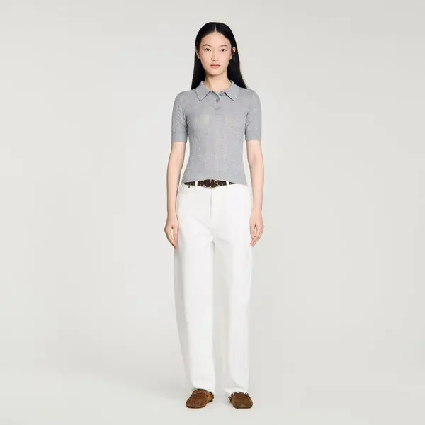 Sandro Pointelle Knit Polo-neck Wool Sweater - Grey