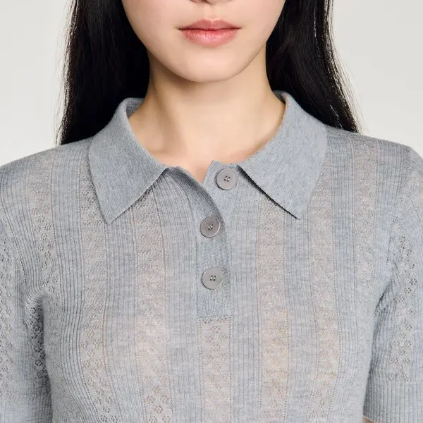 Sandro Pointelle Knit Polo-neck Wool Sweater - Grey