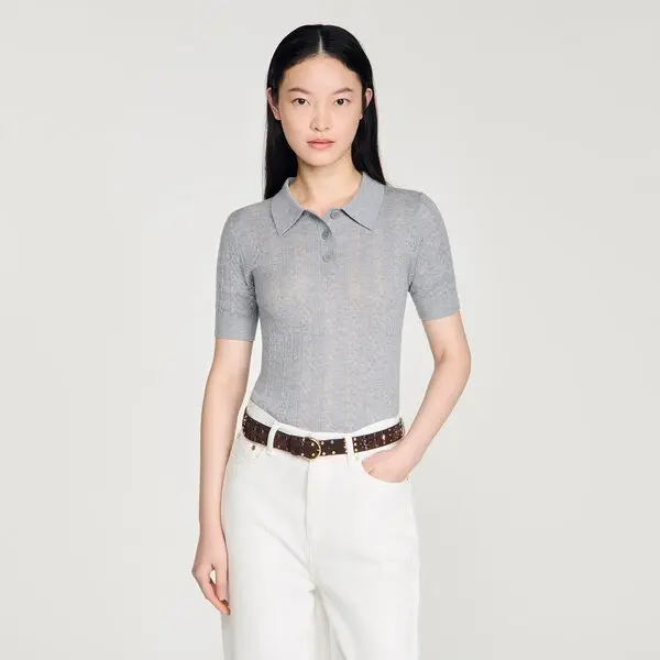 Sandro Pointelle Knit Polo-neck Wool Sweater - Grey