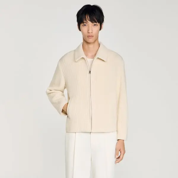 Sandro Knit-effect Jacket With Regular Collar - Ecru
