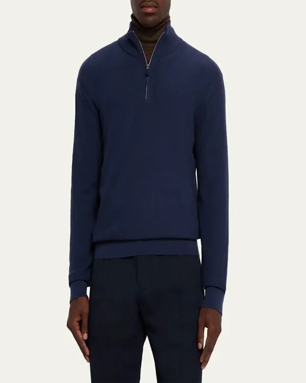 Zegna Cashmere Waffle-knit Quarter-zip Sweater - Md Blu Sld