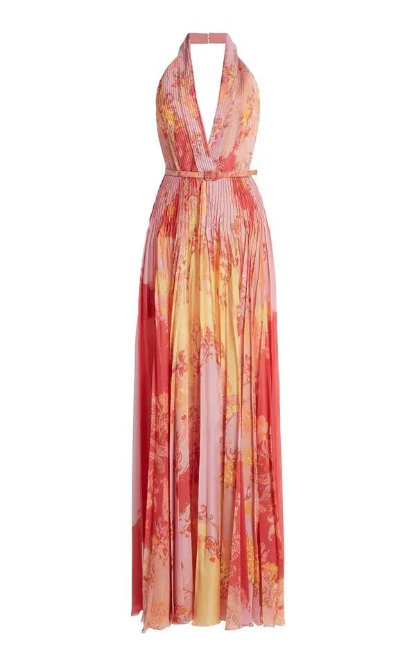 Zuhair Murad Belted Floral Plisse Maxi Dress - Multi