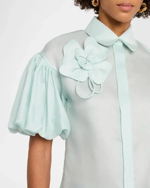 Dice Kayek Flower Applique Silk Puff-sleeve Shirt