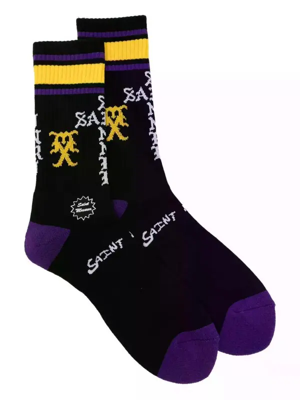 SAINT MXXXXXX Stripe Logo-embroidered Socks - Black