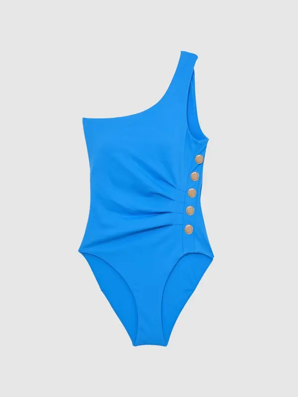 REISS One-shoulder Ribbed Swimsuit With Buttons - Blue