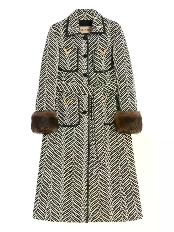 Valentino Garavani Printed Single-breasted Coat With Shearling Cuffs - Black