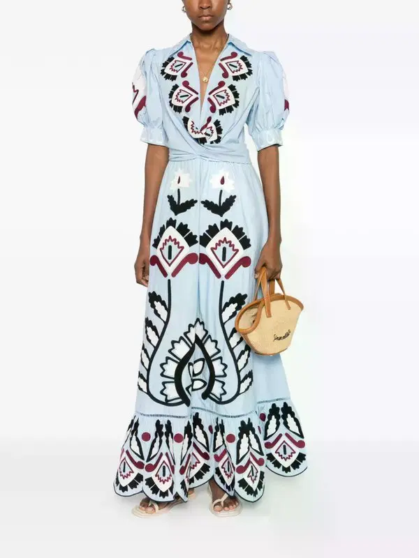 Farm Rio Embroidered Puff-sleeve Maxi Dress