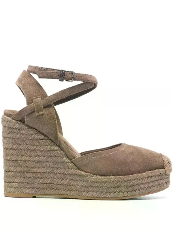 Brunello Cucinelli Suede Wedge Espadrilles With Monili Detail - Brown
