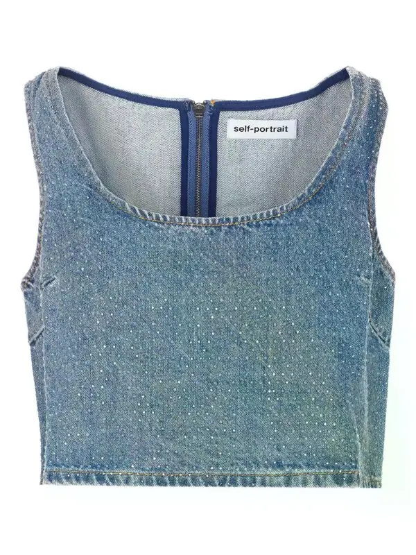 SELF-PORTRAIT Denim Scoop-neck Crop Top - Blue