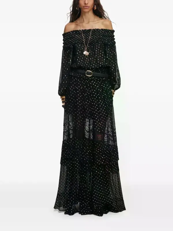 SELF-PORTRAIT Chiffon Lace Maxi Skirt With Metallic Fil Coupé Detail - Black