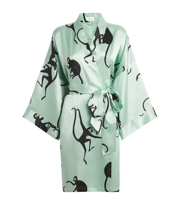 Olivia Von Halle Silk Monkey Print Mimi Robe - Blue