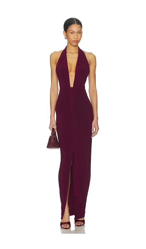 Norma Kamali X Revolve Tie Front Halter Gown - Wine