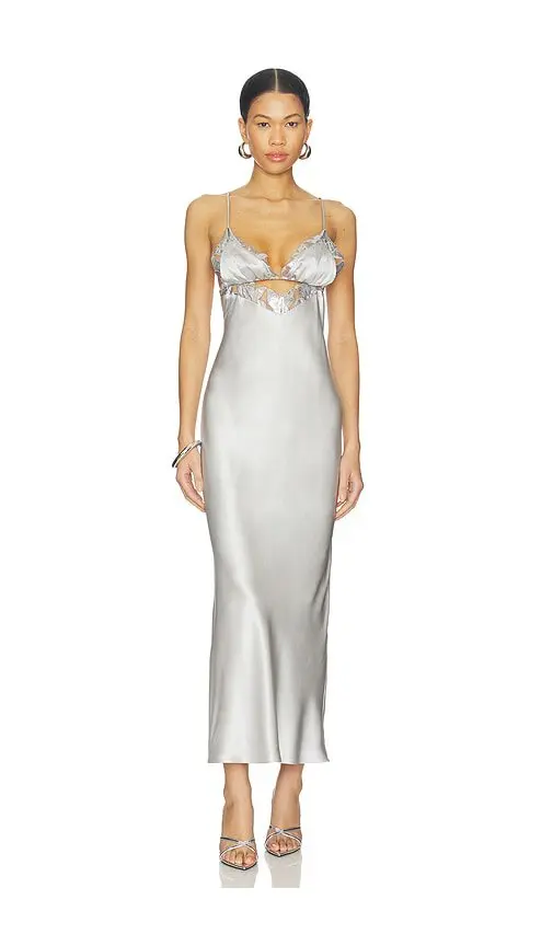 FLEUR DU MAL Foil Lily Embroidery Cutout Slip Dress - Metallic Silver