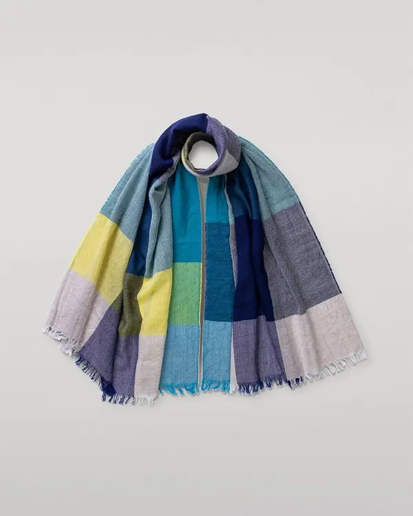Johnstons Of Elgin Ethie Navy & Lime Green Wool Scarf - Multi