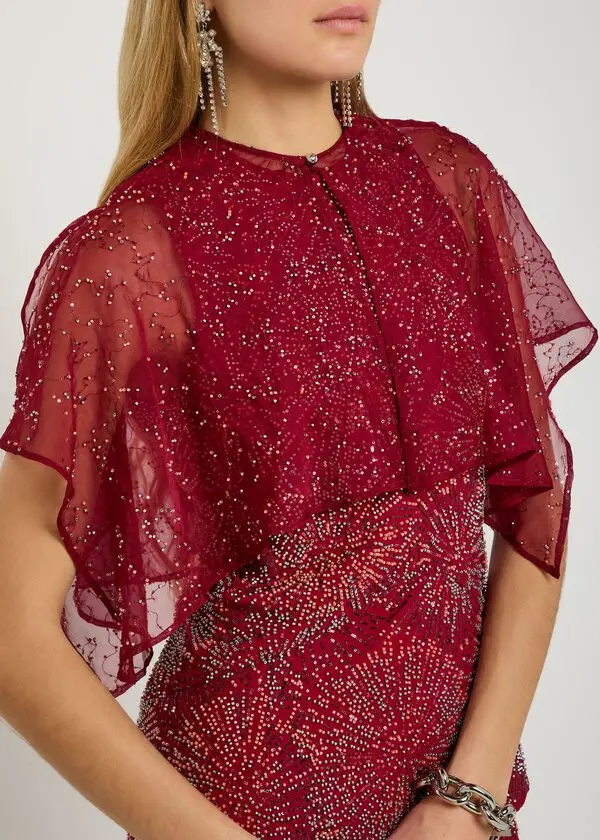 Rabanne Embellished Chiffon Cape Top - Red