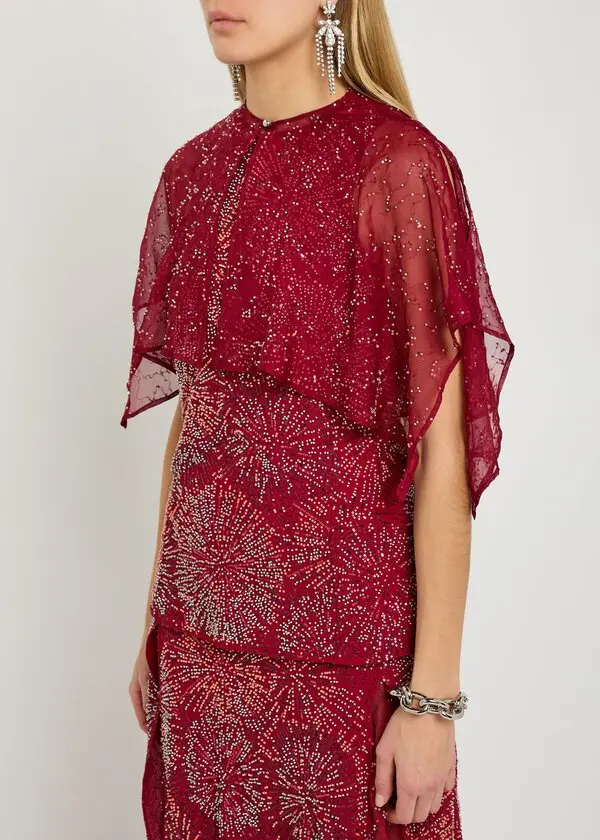 Rabanne Embellished Chiffon Cape Top - Red